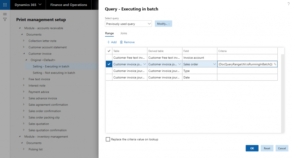 Check execution in batch in Print management in D365FO