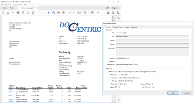 Customize document properties of invoices generated as PDFs in D365FO